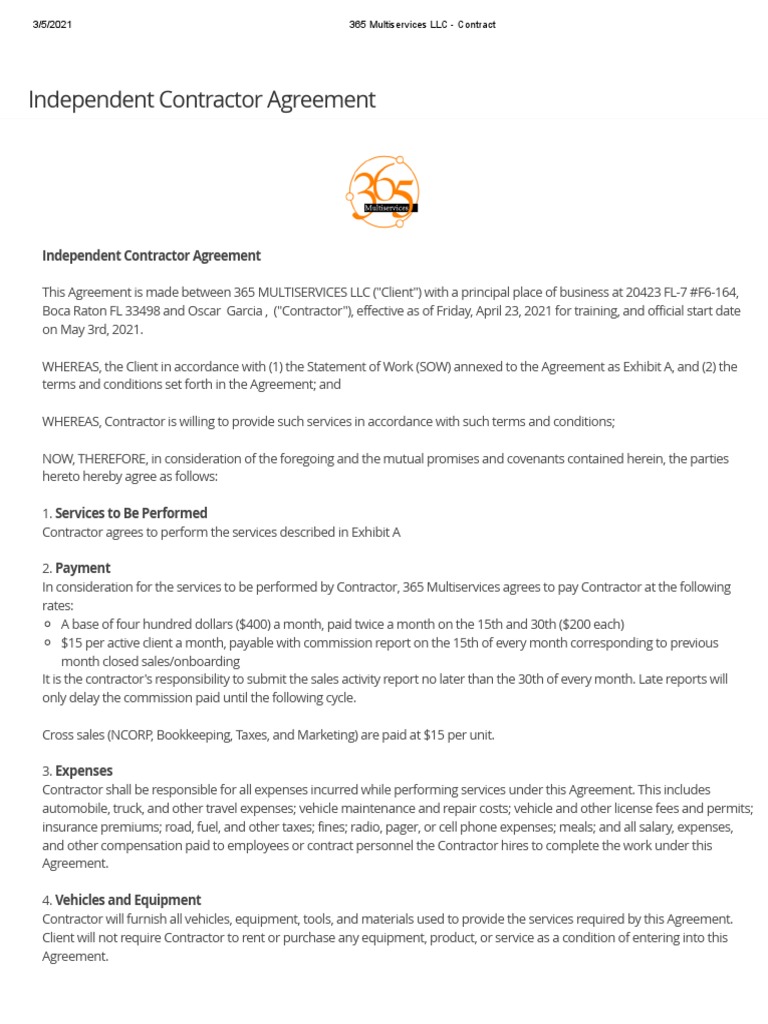 365 Multiservices LLC - Contract 05032021 | PDF | Employment | Indemnity