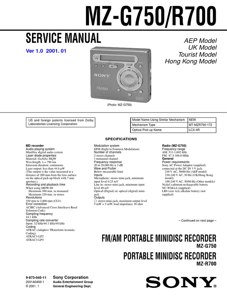 Sony MZ-G750 Service Manual | PDF