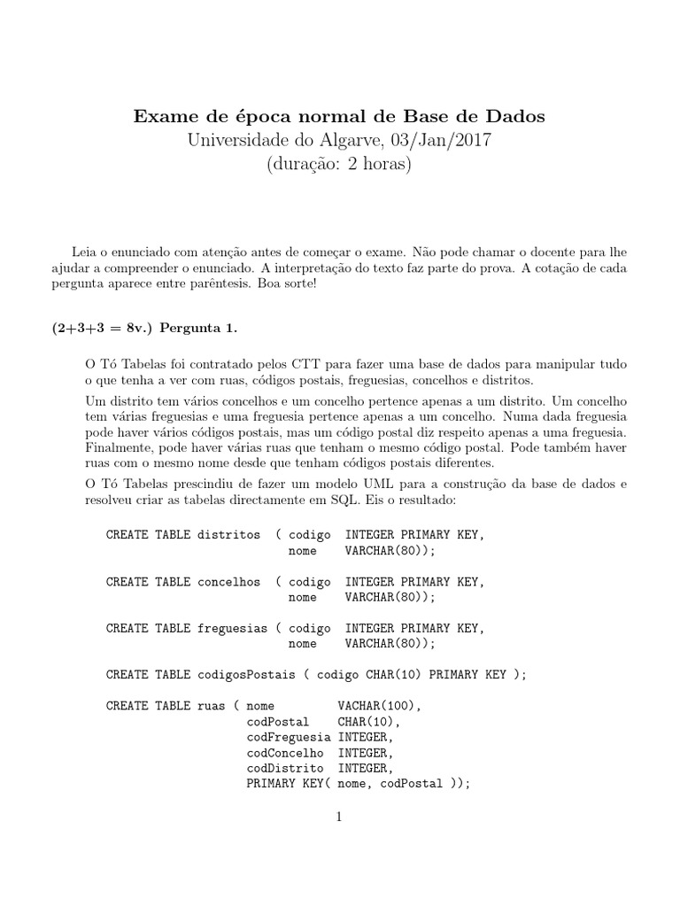 Exame 2017 (Epoca Normal) Base Dados | PDF | SQL | Tabela (banco de dados)