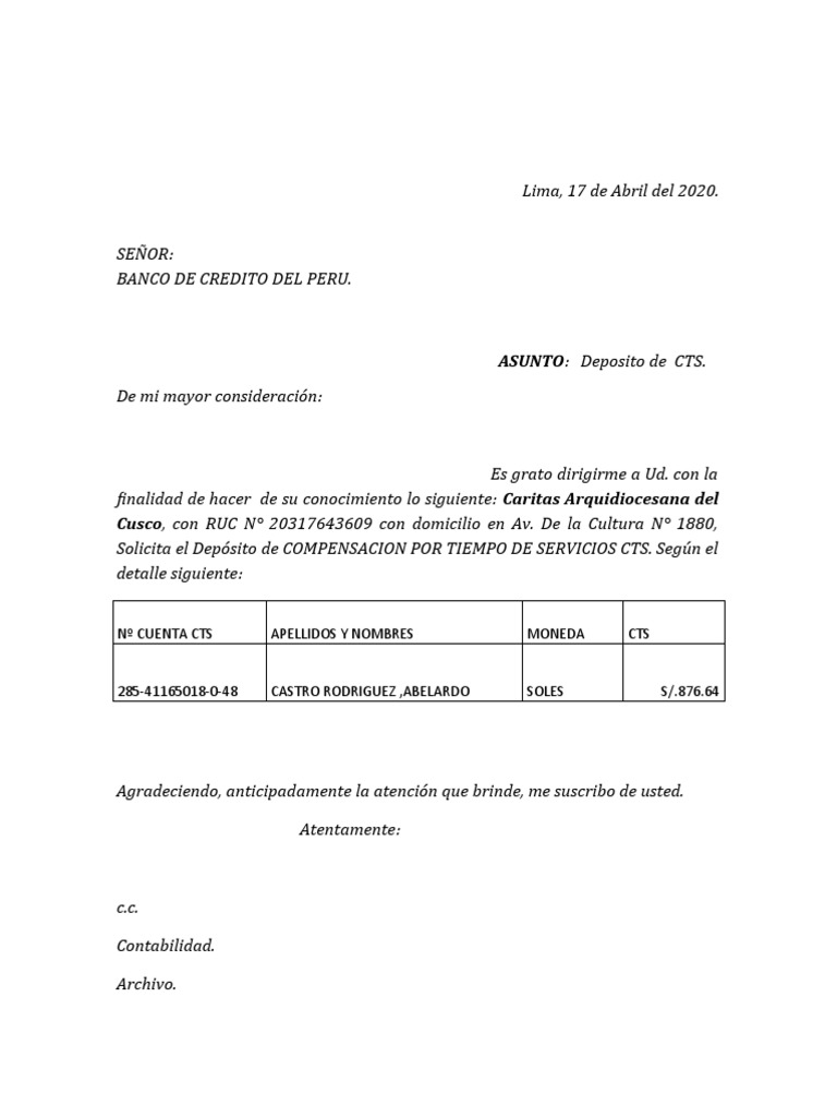 Modelo Carta A La BCP Deposito de CTS | PDF