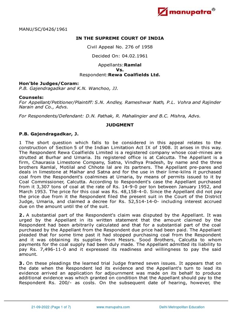 Ramlal vs Rewa Coalfields: Limitation Act Case | PDF | Appeal | Discretion