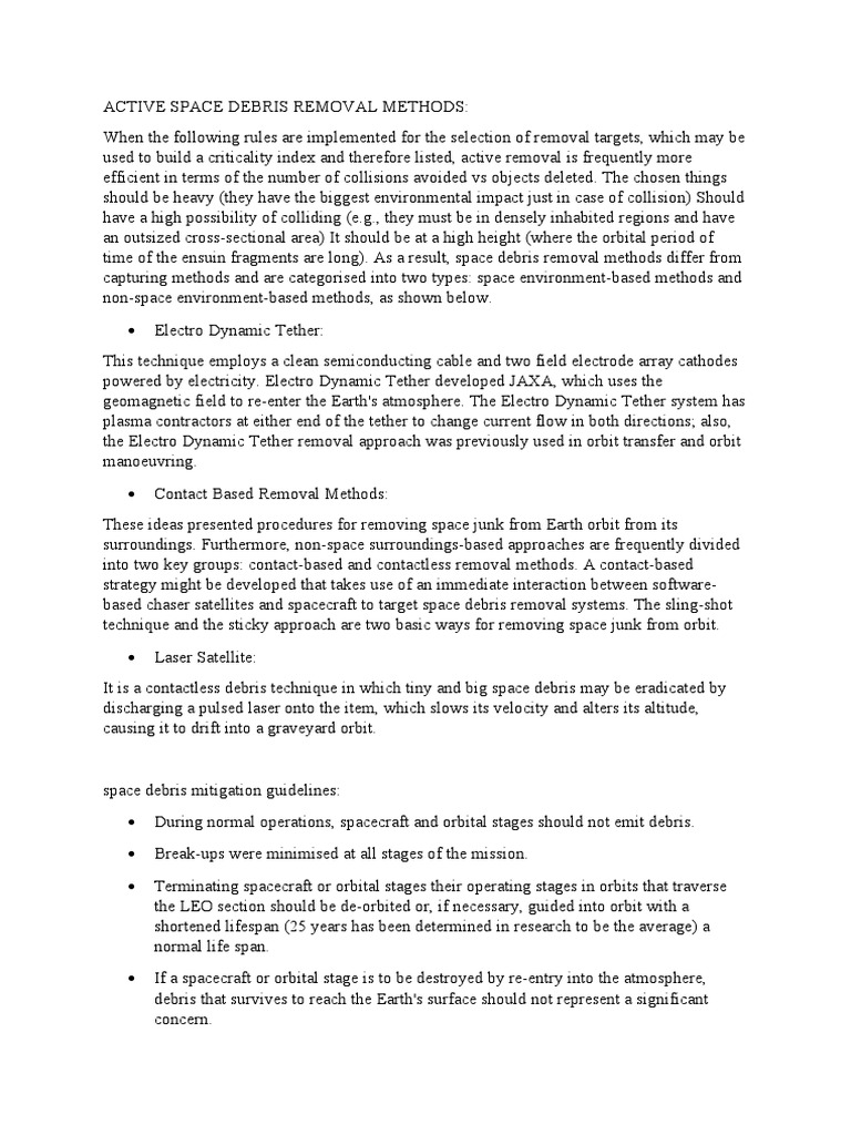 ACTIVE SPACE DEBRIS REMOVAL METHODS Anish Part | PDF | Space Debris ... ACTIVE SPACE DEBRIS REMOVAL METHODS Anish Part | PDF | Space Debris ...
