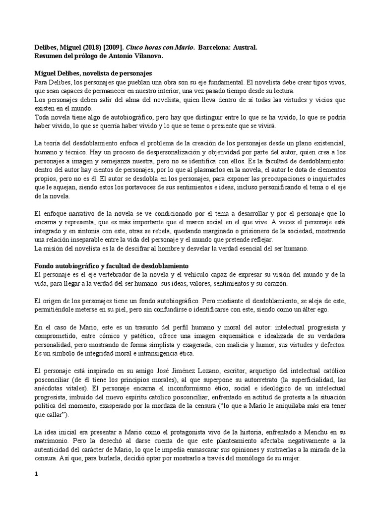 Cinco Horas Con Mario Resumen Prologo | PDF | Novelas | Moralidad