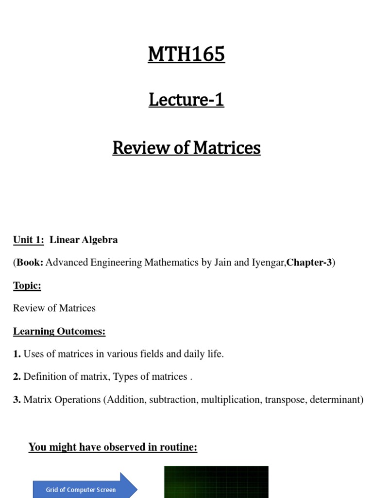 Lecture 1review of Matrices | PDF | Matrix (Mathematics) | Determinant