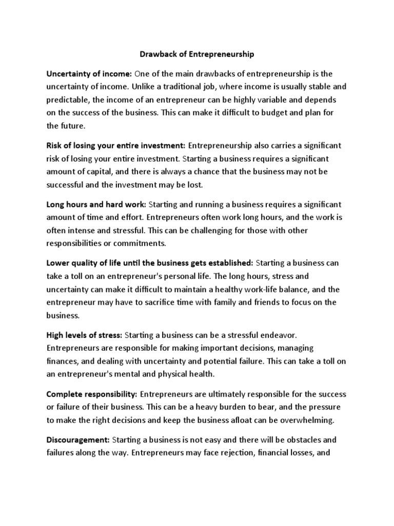 Drawback of Entrepreneurship | PDF | Career & Growth | Business