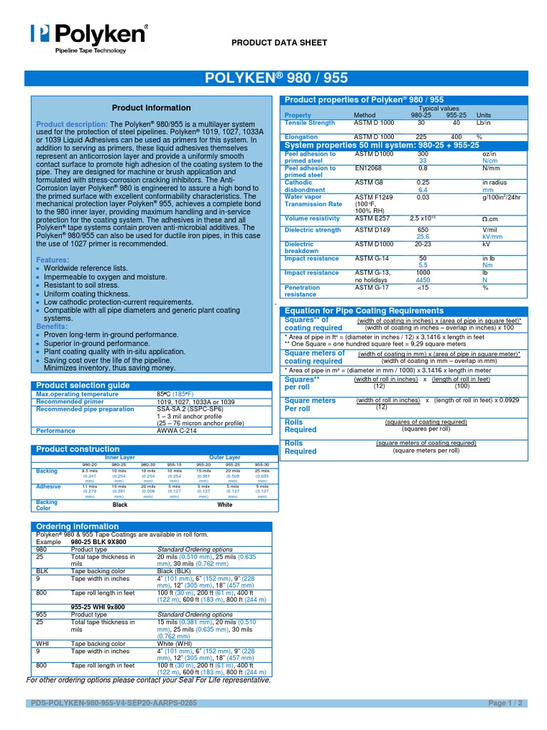 PDS Polyken 980 955 V5 Sep20 Aarps 0285 | PDF | Humidity | Adhesive