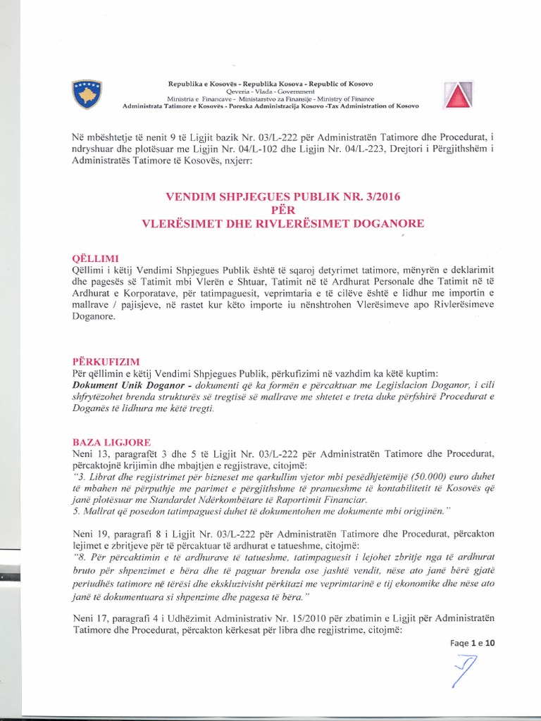 Vendim Shpjegues Publik Nr.3 2016 Vlerësimet Dhe Rivlerësimet Doganore ...