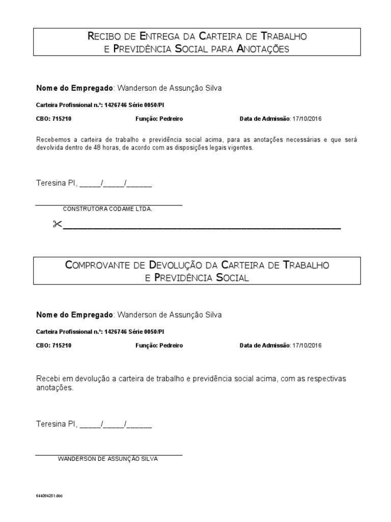 Recibo Entrega CTPS Wanderson | PDF