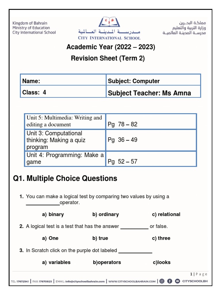 G4 Programming Revision Sheet | PDF | Scratch (Programming Language ...