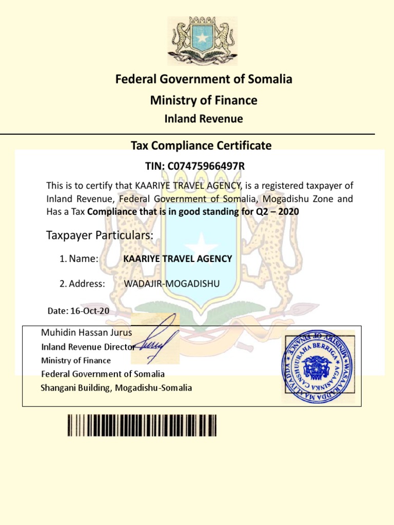 Federal Government of Somalia Ministry of Finance: Tax Compliance Certificate | PDF