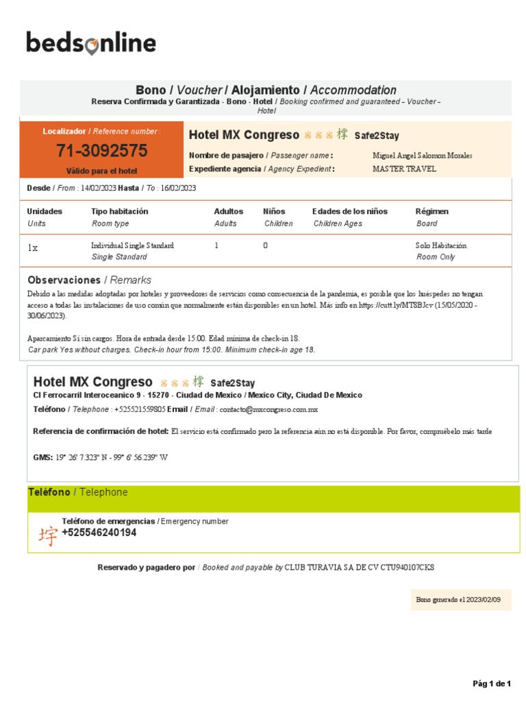 Reservación de hotel confirmada con detalles de alojamiento, fechas y ...