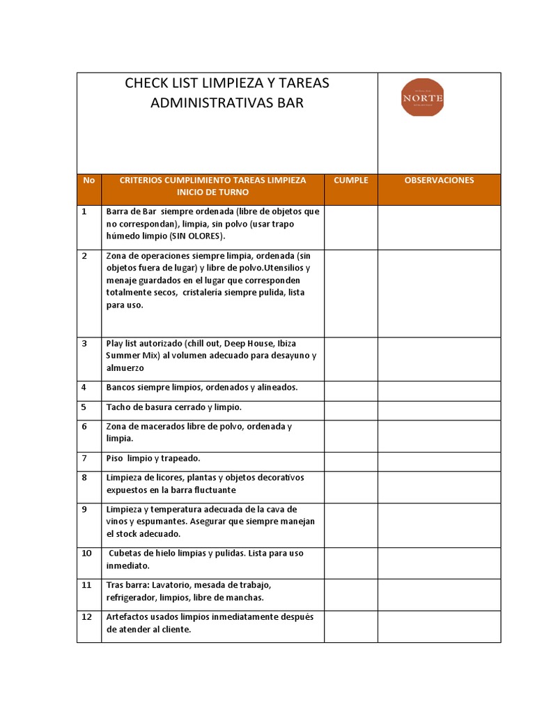 Check List Operativo y Administrativo Bar | PDF | Comida y bebida