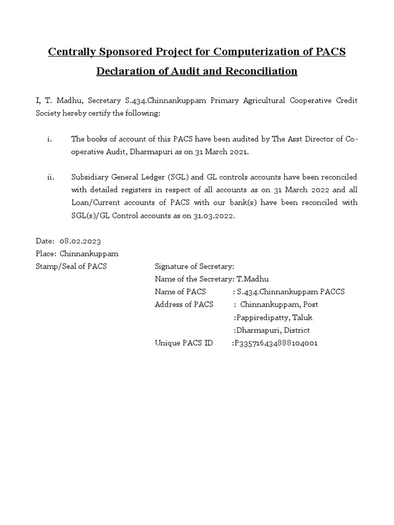 Reconcilliation Certificate For PACS | PDF