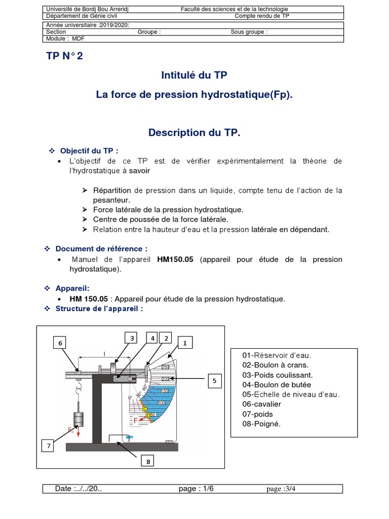 Force de pression hydrostatique en TP | PDF | Pression | Centre d'inertie