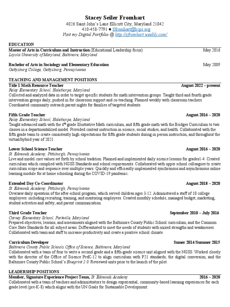 Stacey Fromhart Resume | PDF | Teachers | Curriculum