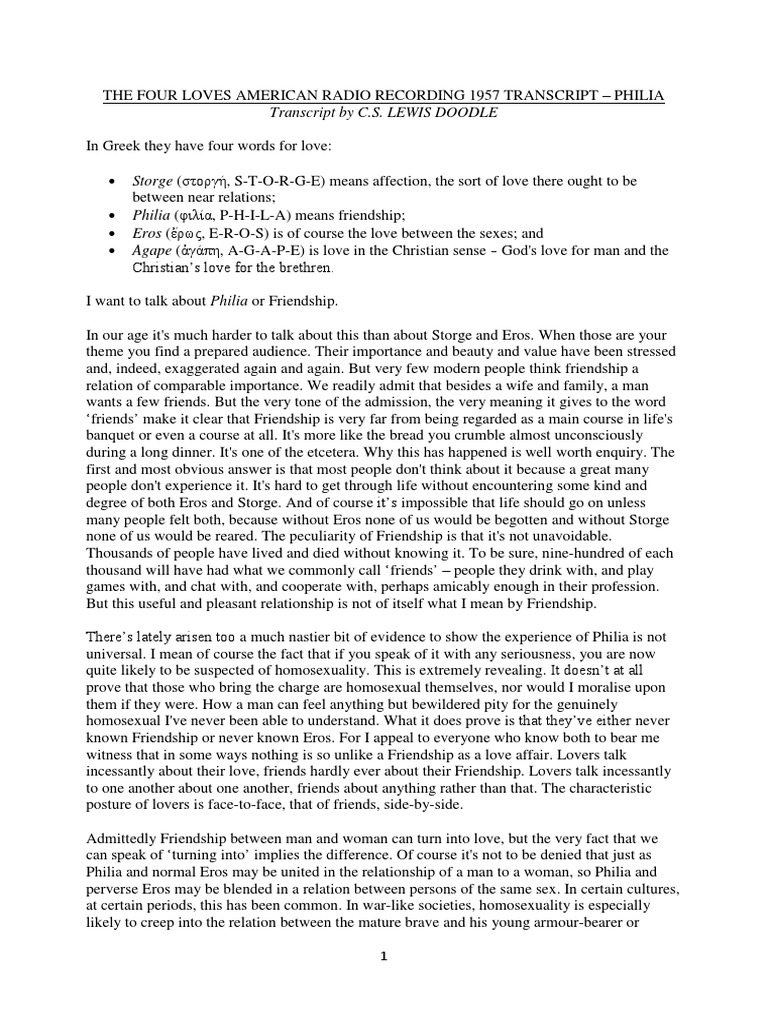 The Four Loves Radio Broadcast by C.S Lewis Doodle - Friendship (Philia) Audio Transcript | PDF ...