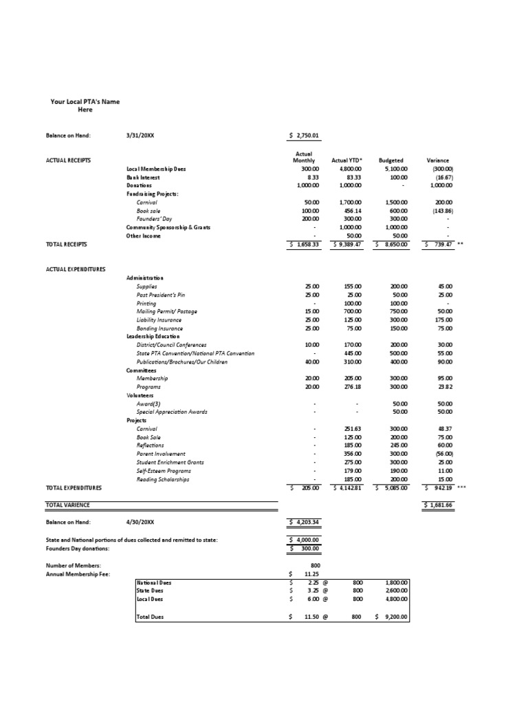 Sample Monthly Treasurer Report Template 1 4 | PDF | Economies