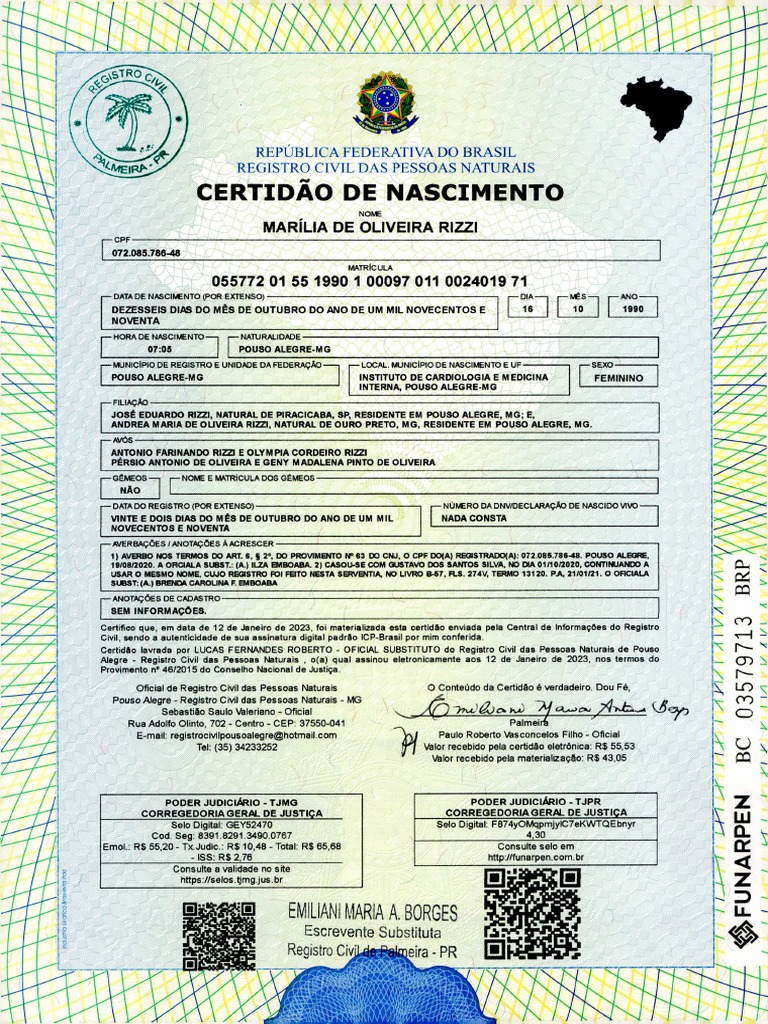 Certidão de Nascimento - Marília de Oliveira Rizzi | PDF