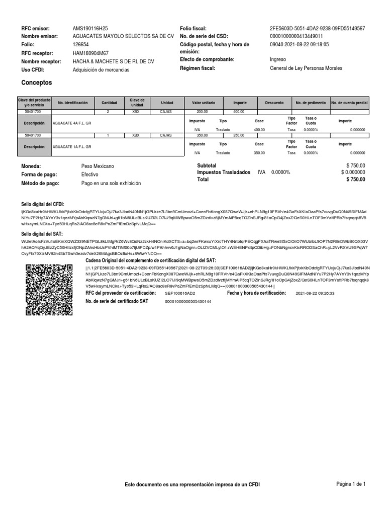 Factura electrónica (CFDI) que documenta la venta de aguacates de la ...