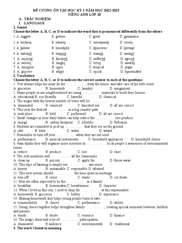 De Cuong On Tap Hoc Ki 1 Mon Tieng Anh 10 Sach Chan Troi Sang Tao | PDF | Wolfgang Amadeus Mozart