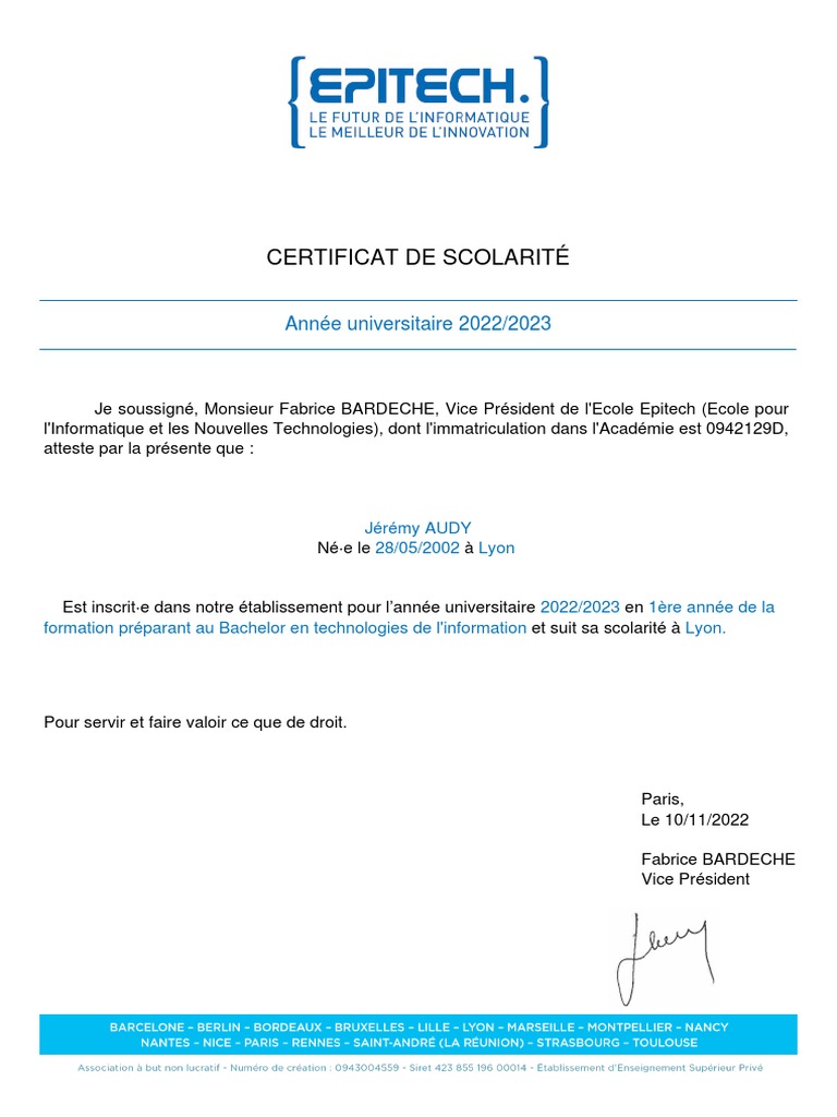 Certificat de Scolarité 2022/2023 Epitech | PDF