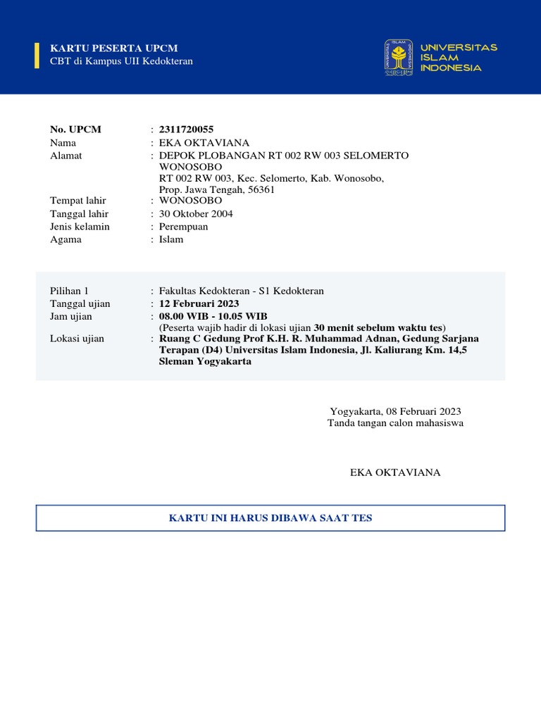 No. Upcm: CBT Di Kampus UII Kedokteran | PDF