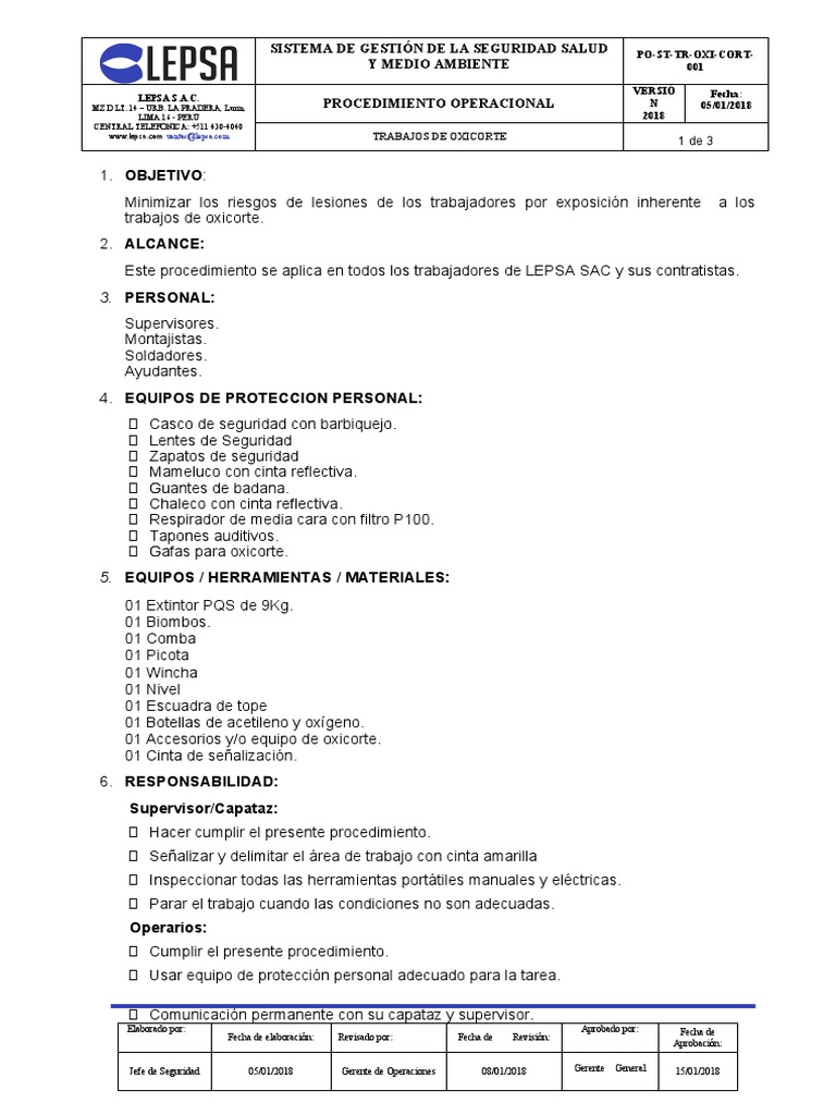 Procedimiento Seguridad Oxicorte LEPSA | PDF | Ingeniería mecánica ...