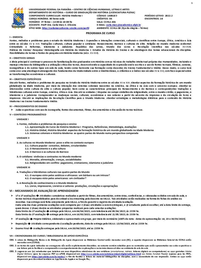 Programa Hist Moderna I 2022-2 | PDF | Aplicativo para celular | Science