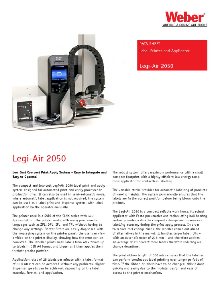 Label Printer Applicator - Legi Air 2050 - Weber Marking Systems | PDF ...