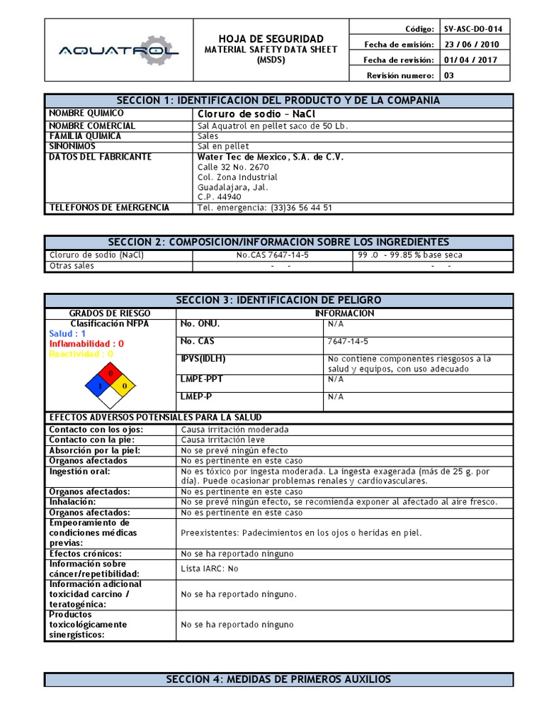 Hoja de Seguridad SAL AQUATROL | PDF | Agua | Solubilidad
