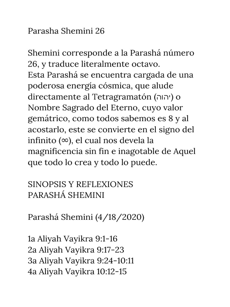 26-Parashat Shemini Resumen | PDF | Libro de levítico