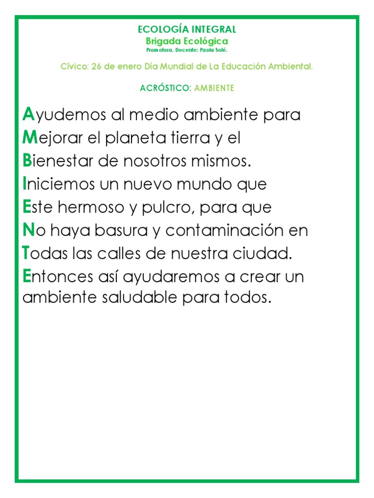 Acróstico sobre el Medio Ambiente | PDF | Salud y bienestar | Estilo de ...