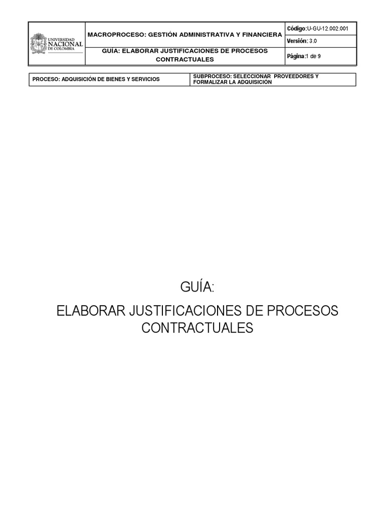 U 1 Guia Justificacion Procesos Contractuales V3 | PDF | Presupuesto | Red mundial