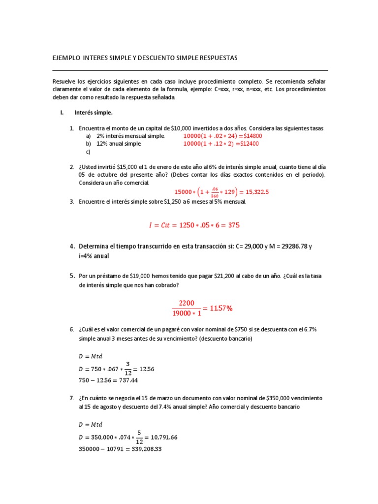 Ejercicio Interes Simple y Descuento Simple - Respuestas | PDF ...