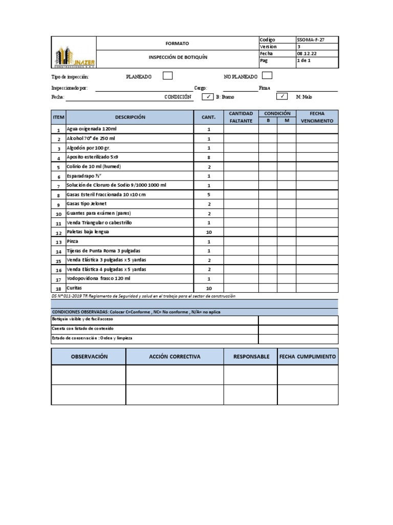 SSOMA-F-27 Inspección de Botiquín para Obra | PDF | Materiales ... SSOMA-F-27 Inspección de Botiquín para Obra | PDF | Materiales ...