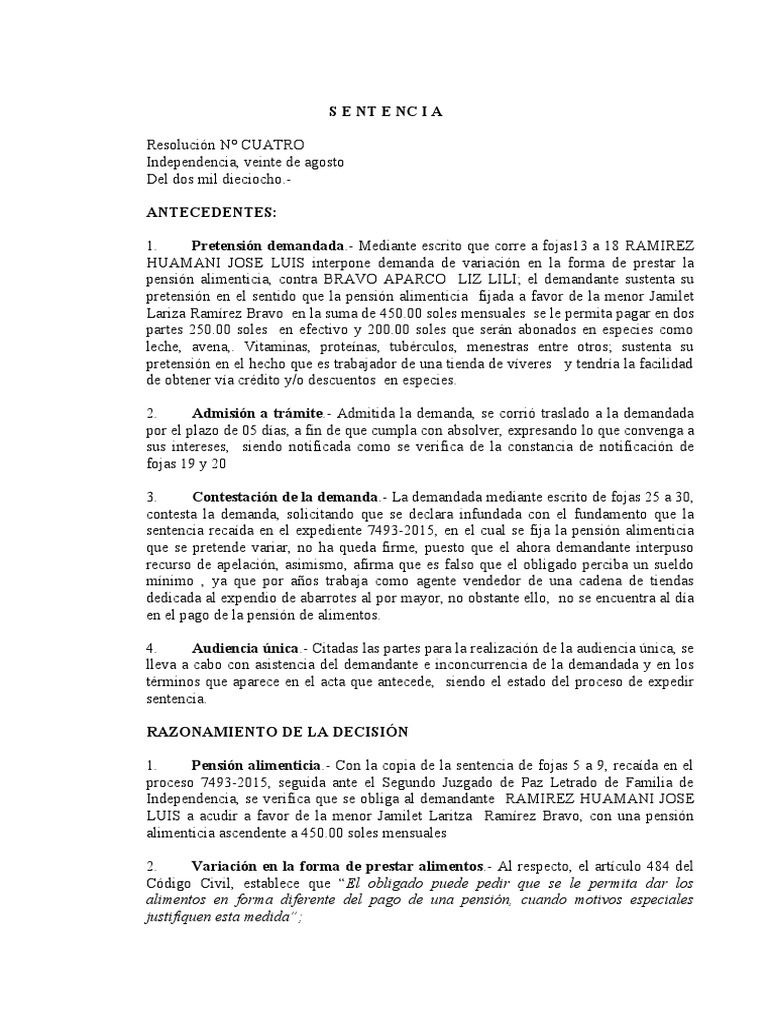 Cambio en La Forma de Prestar Alimentos Sentencia | PDF | Pensión ...