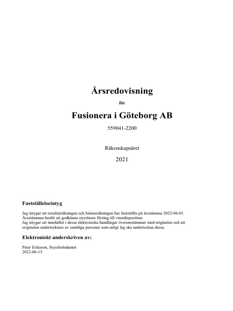 Årsredovisning Fusionera I Göteborg AB: Fastställelseintyg | PDF