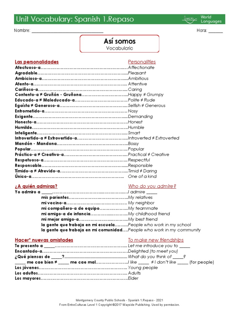 Spansh 1. Repaso - Unit Vocabulary | PDF