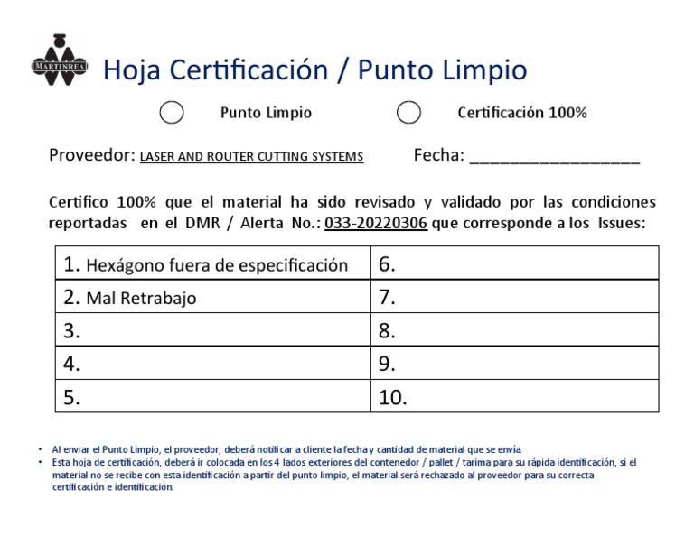 Hoja de Certificacion y Punto Limpio | PDF