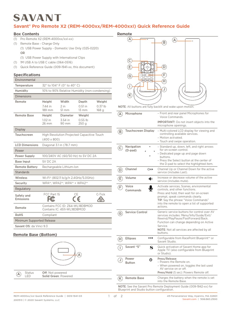 009-1941-03 Savant Pro Remote X2 (REM-4000xx REM-4000xxI) Quick ...