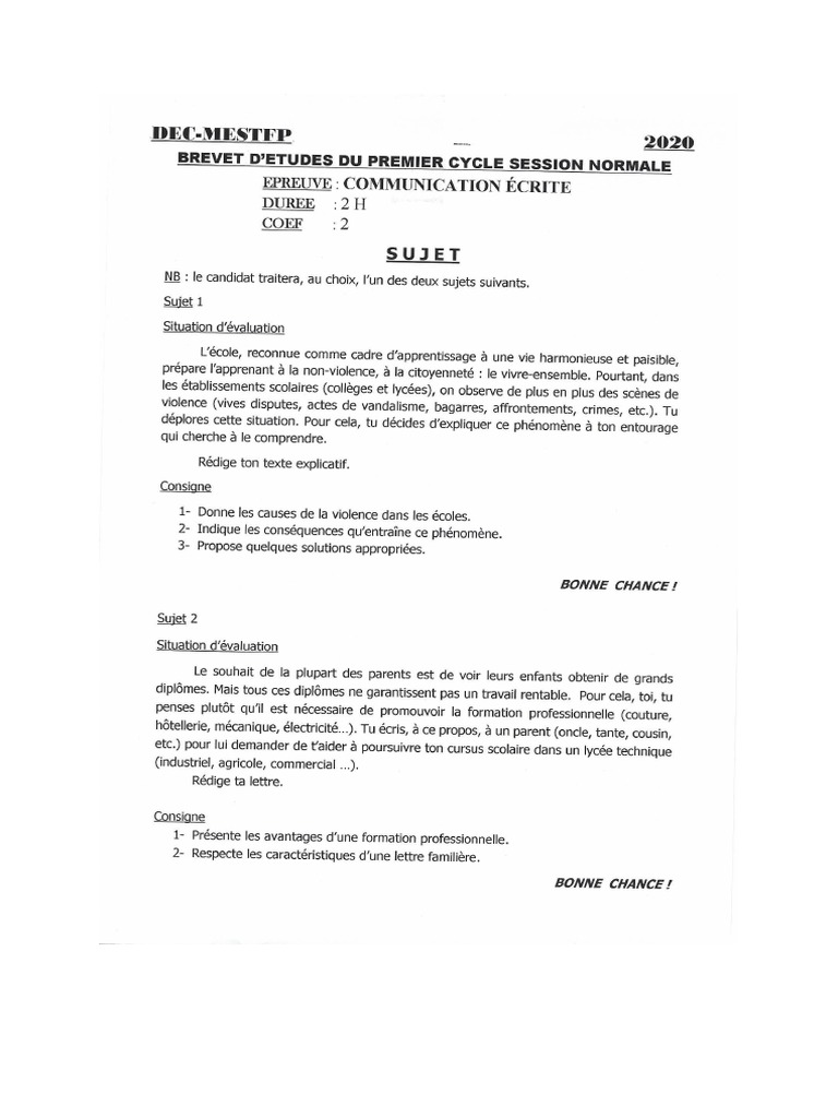 BEPC 2020 Epreuve de Communication Ecrite 5f186693dcc28 | PDF