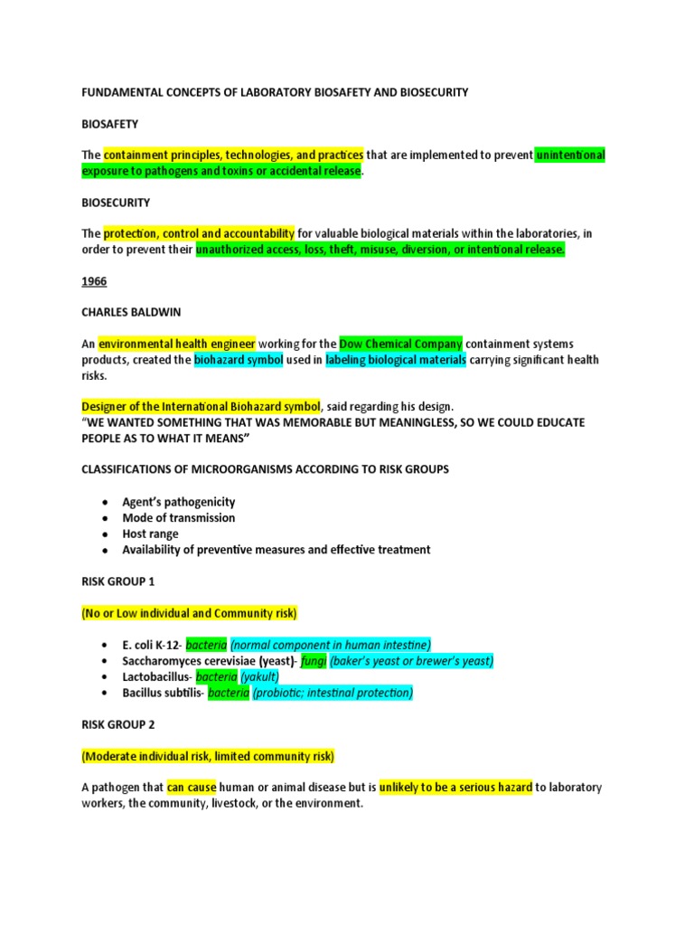 Fundamental Concepts of Laboratory Biosafety and Biosecurity and ...