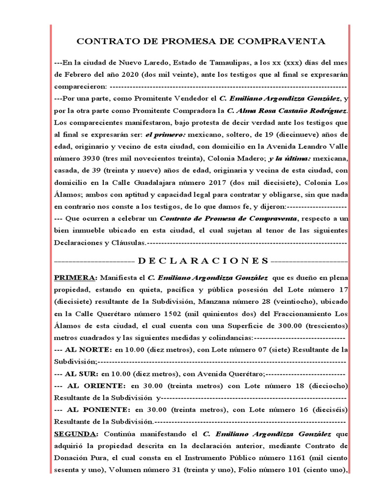 Contrato de Promesa de Compraventa Con Deposito en Garantia | PDF | Derecho y economía | Derecho ...