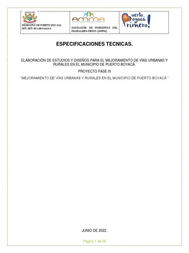 Especificaciones Tecnicas Vias Urbanas Puerto Boyaca | PDF | Contratista general | Outsourcing