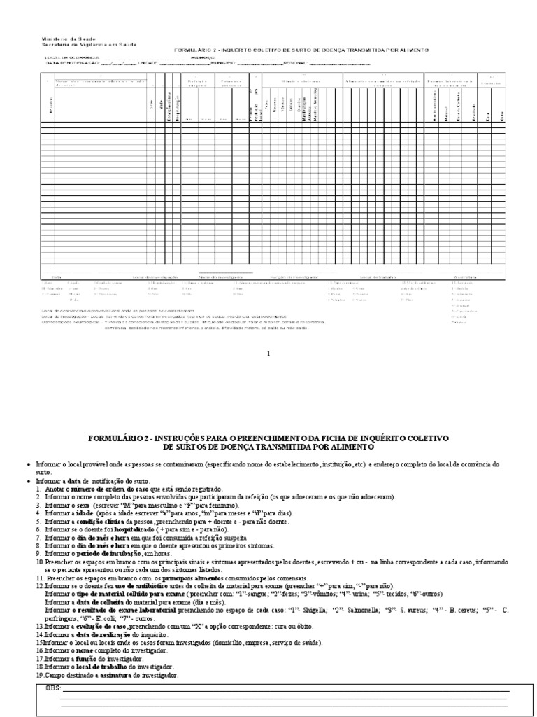 Formulario 2 Inquerito Coletivo de Surto de Doenca Transmitida Por ...