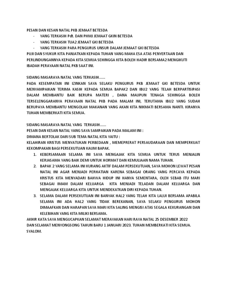 Pesan Dan Kesan Natal PKB Jemaat Betesda | PDF