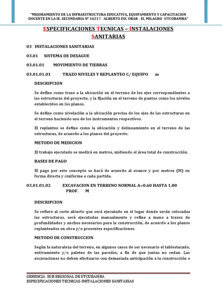 Especificaciones Tecnicas Instalaciones Sanitarias ....... Ok | PDF | Tubería (transporte de ...