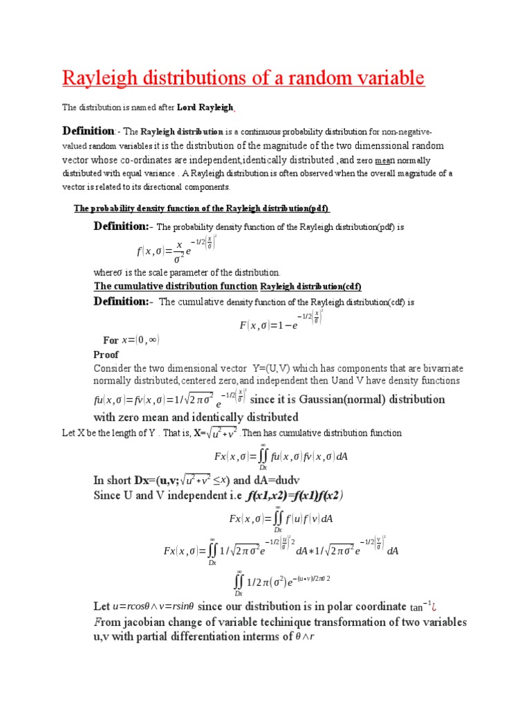 Rayleigh Distributions of A Random Variable | PDF | Probability Density ...