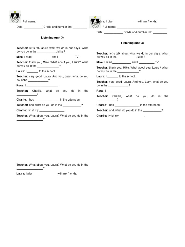 Listening Unit 3 Fourth Grade Pdf