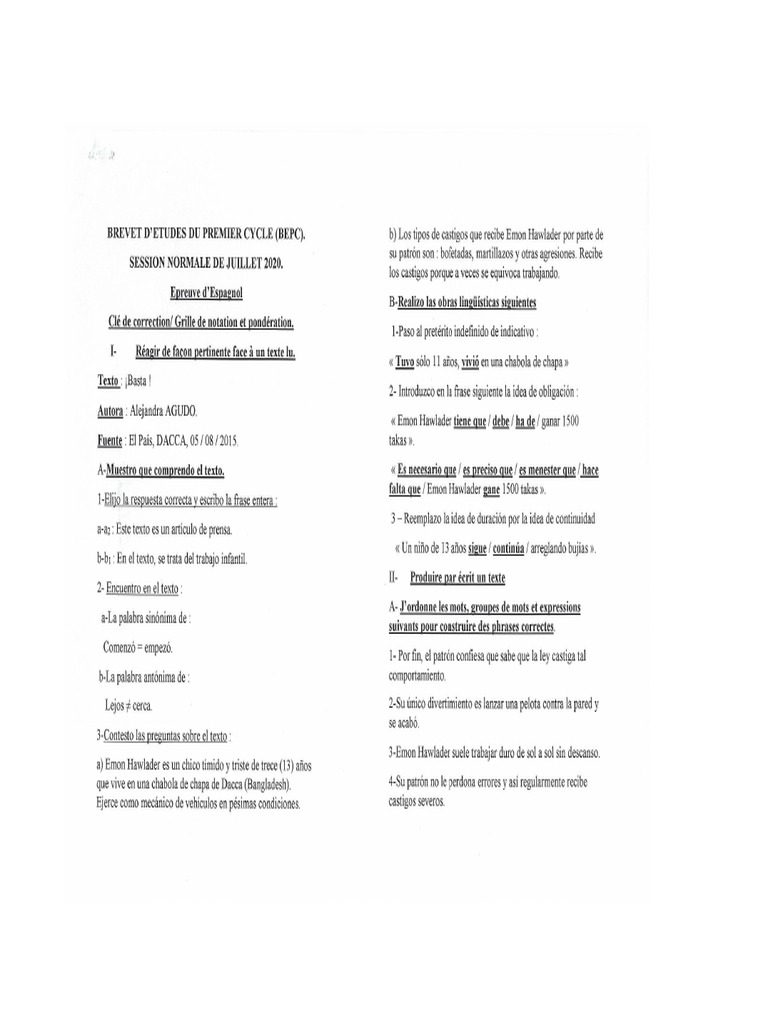 CORRIGE BEPC 2020 Espagnol 5f1868bc765d4 | PDF